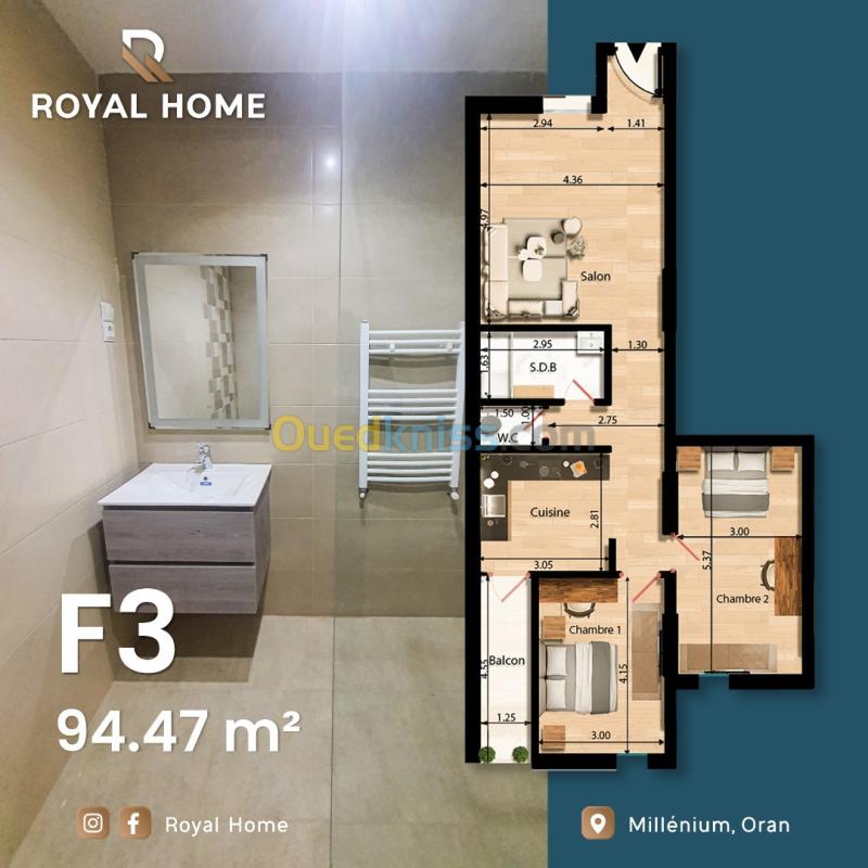Vente Appartement F3 Oran Bir El Djir Oran Algérie 